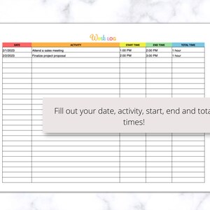 Multi-color Work Log Printable PDF Landscape, Task Time Tracker, Time ...