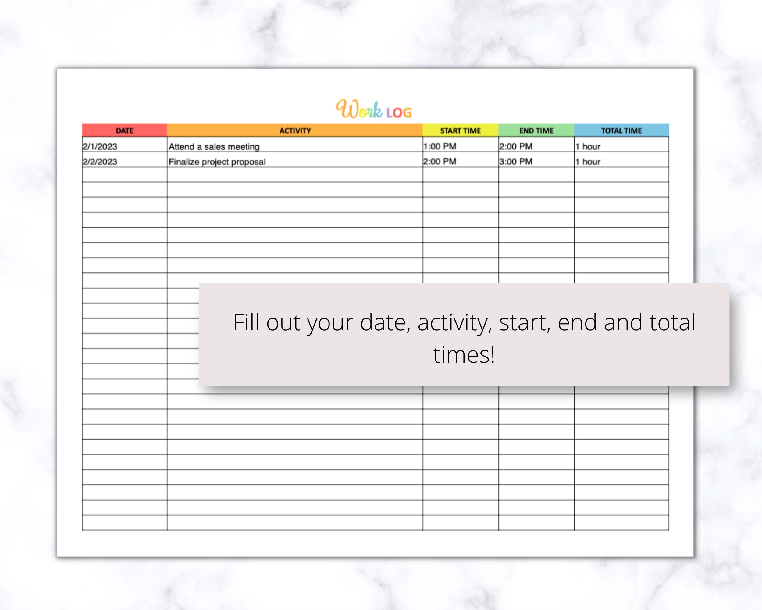 Multi-color Work Log Printable PDF Landscape, Task Time Tracker, Time ...