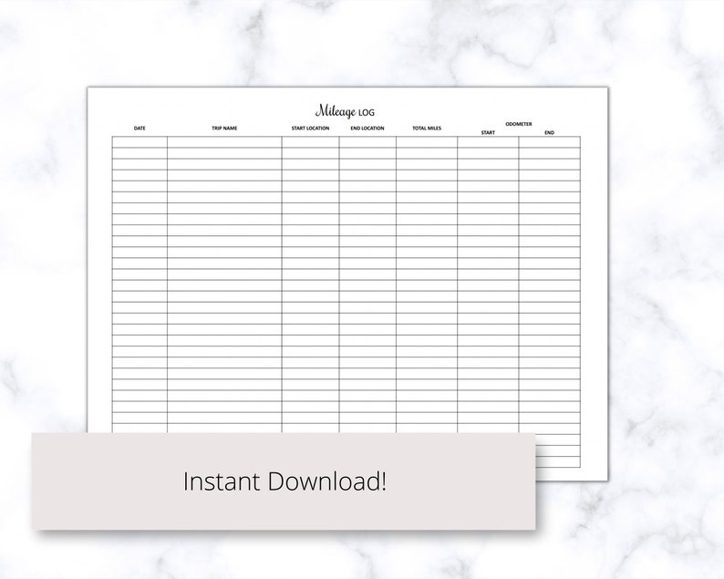 Mileage Log Printable PDF, Odometer Tracker, Trip Log, Simple Mileage ...