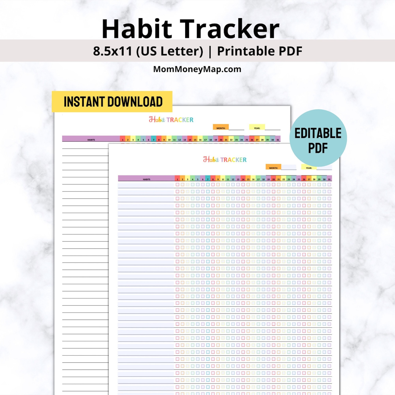 Multi-color Habit Tracker Printable PDF, Editable Habit List, Habit ...