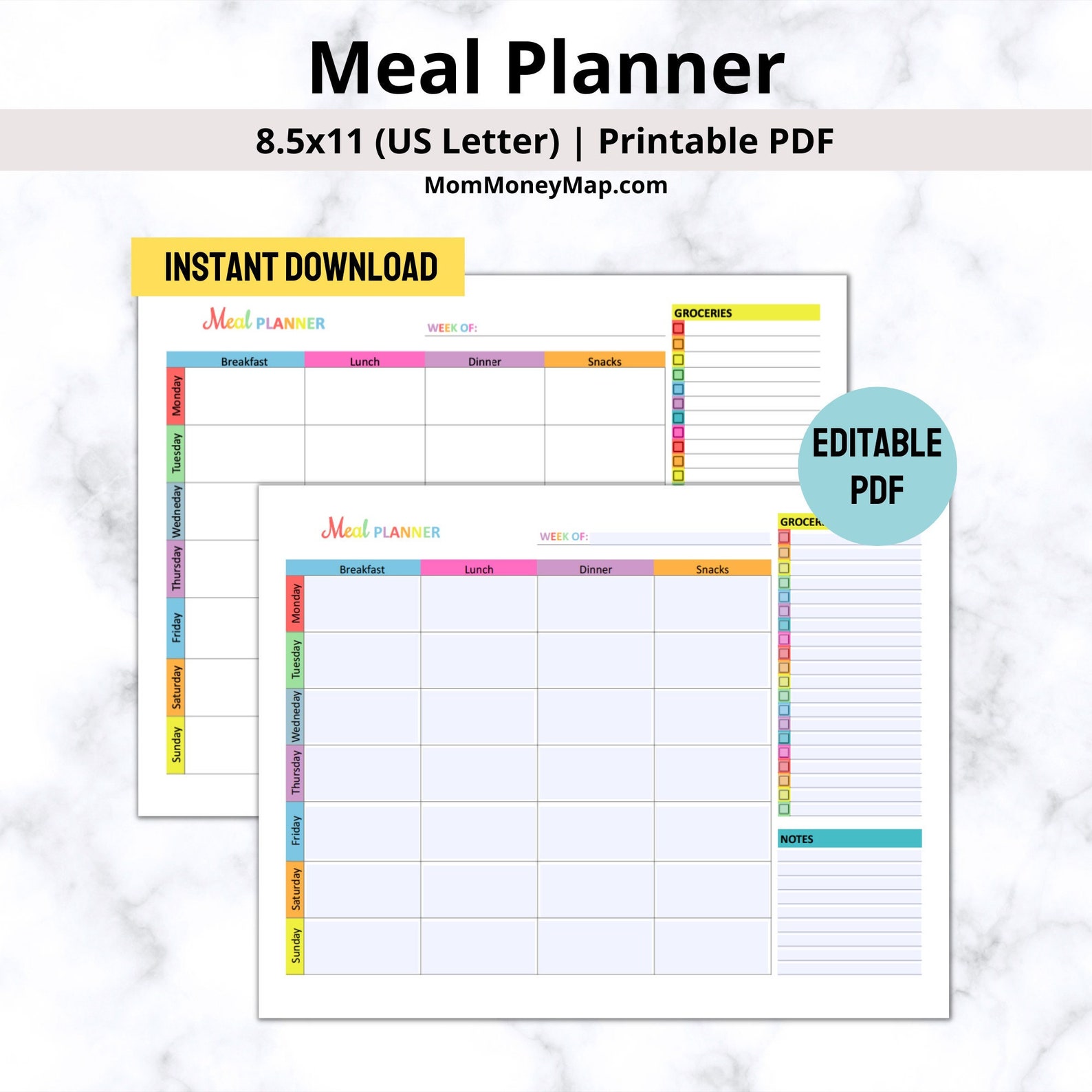 Multi-color Meal Planner Printable PDF, Weekly Meal Planner, Menu ...