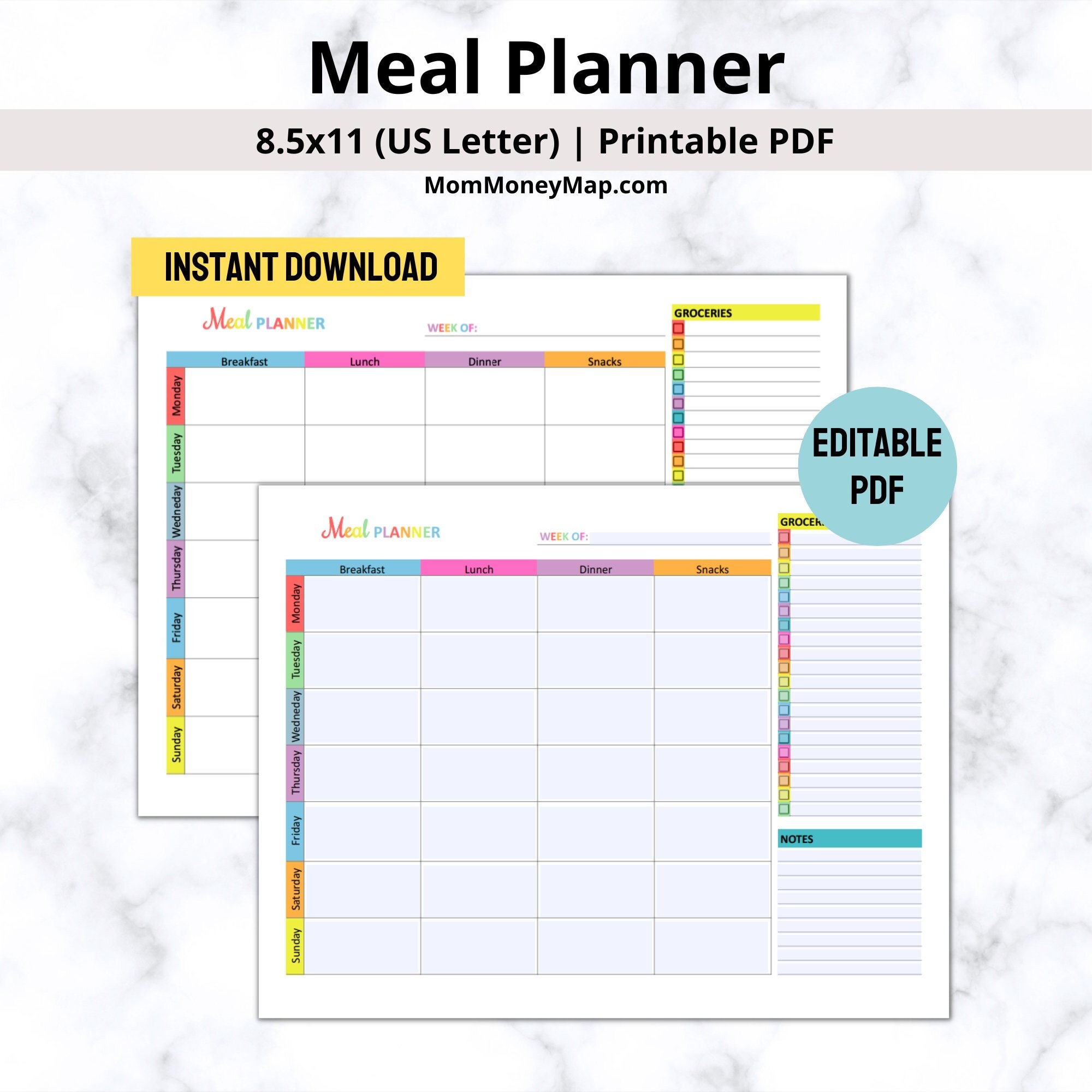 Multi-color Meal Planner Printable PDF, Weekly Meal Planner, Menu ...