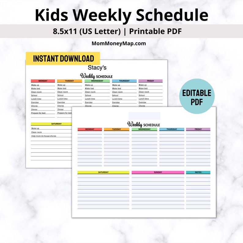 Kids Weekly Schedule Printable PDF, Kids Weekly Planner, Editable Kids ...
