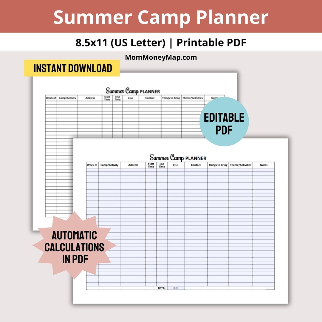 Summer Camp Planner Printable PDF, Summer Camp Organizer, Camp ...
