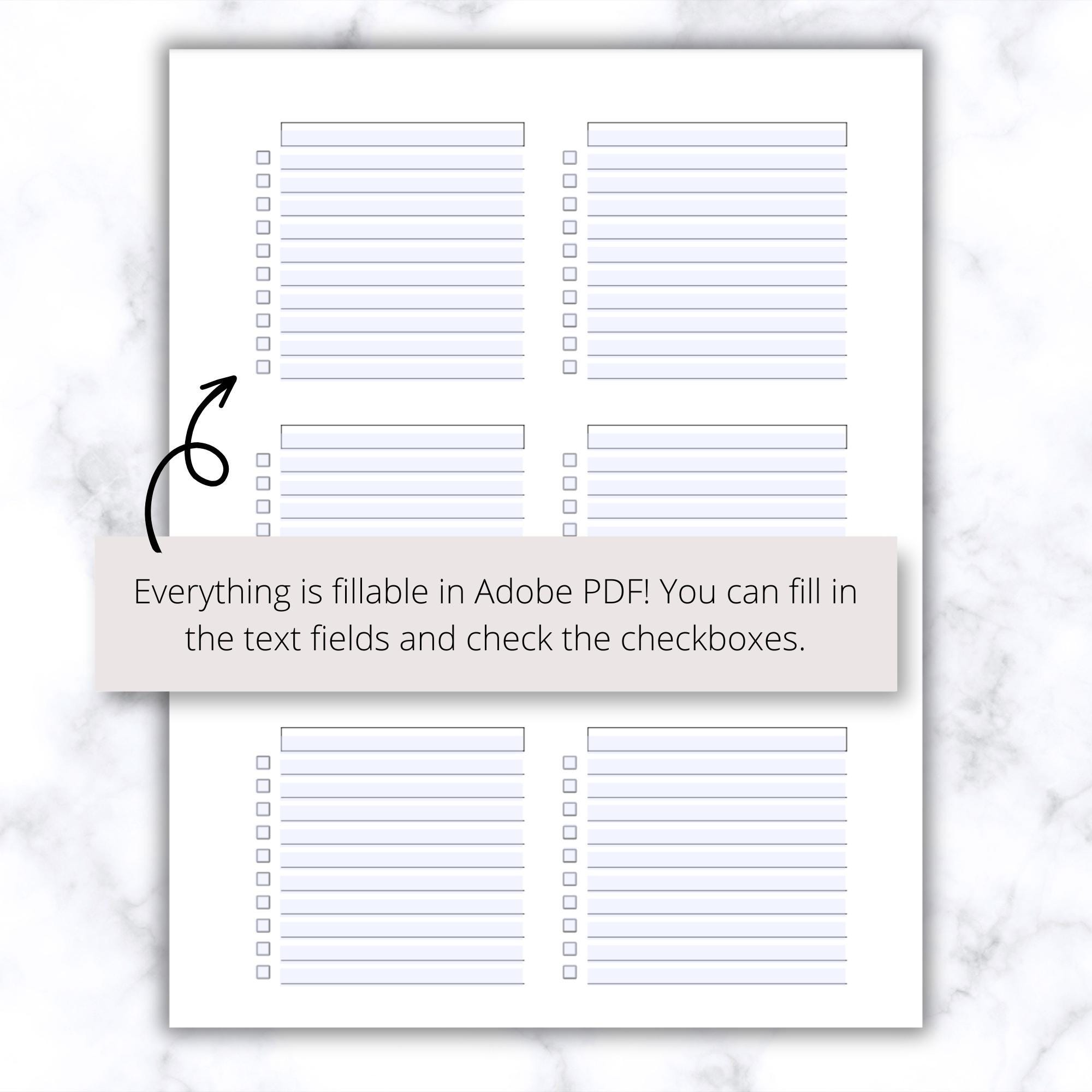 Blank Checklist Printable PDF With 6 Categories, Blank to Do List ...