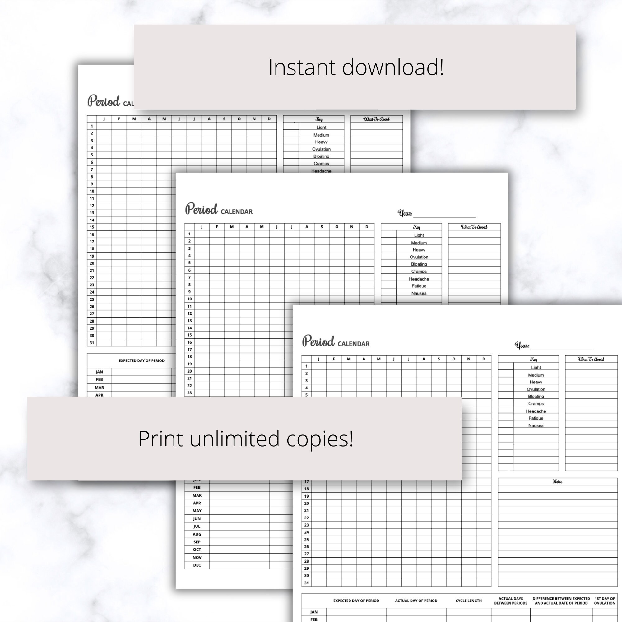 Period Calendar Printable PDF, Monthly Period Calendar PDF ...