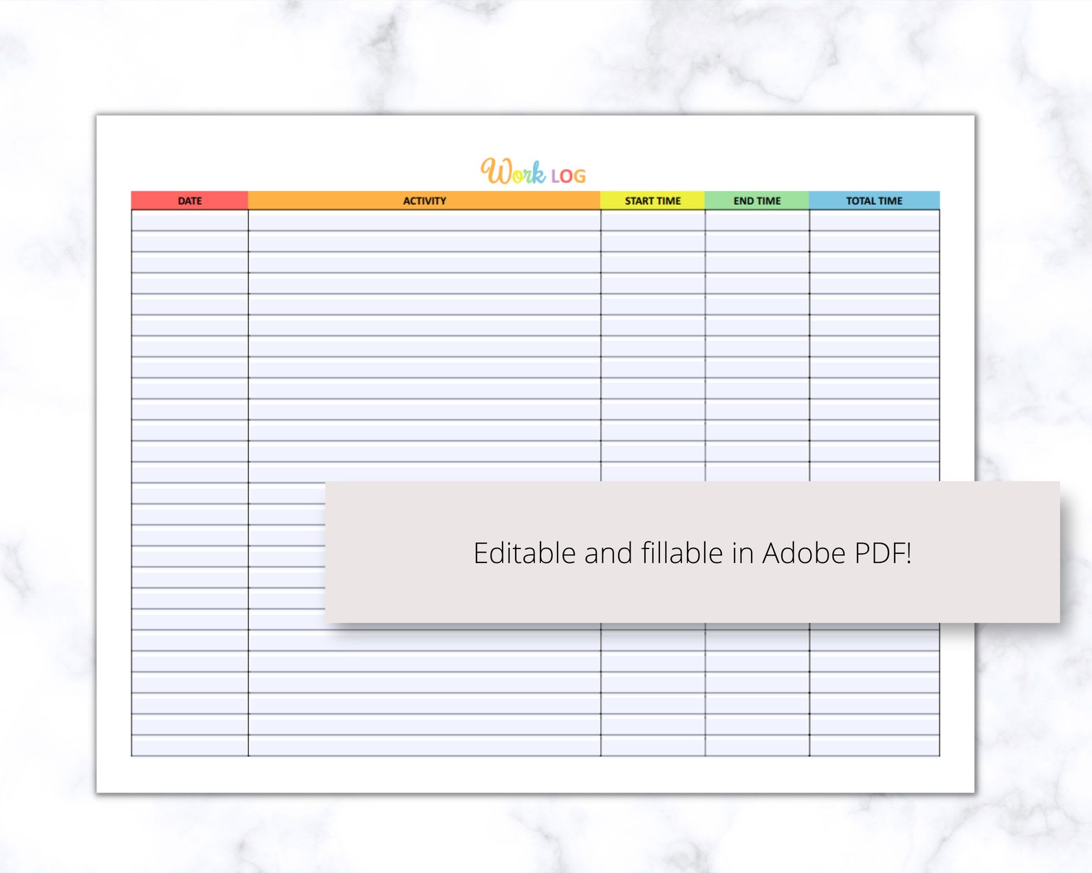Multi-color Work Log Printable PDF Landscape, Task Time Tracker, Time ...