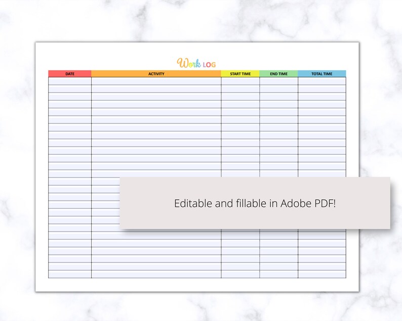 Multi-color Work Log Printable PDF Landscape, Task Time Tracker, Time ...