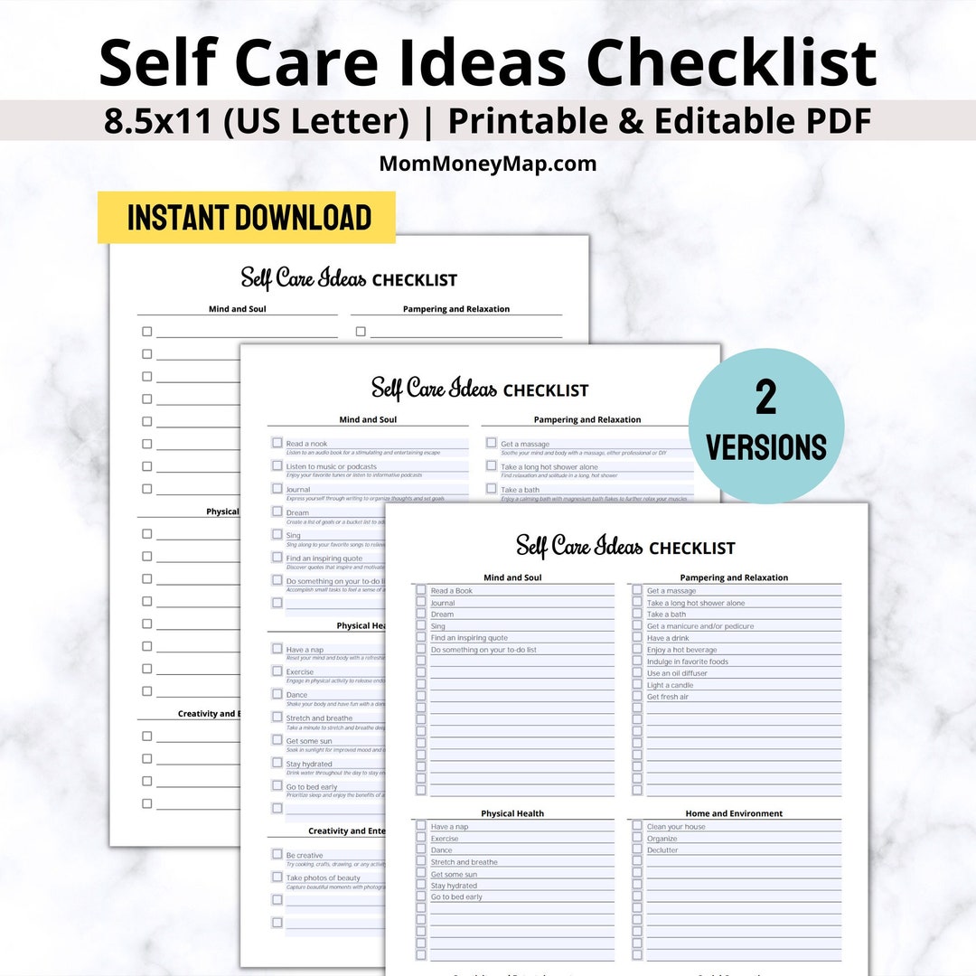 Self Care Ideas Checklist Printable PDF, Self Care and Mental Wellness ...