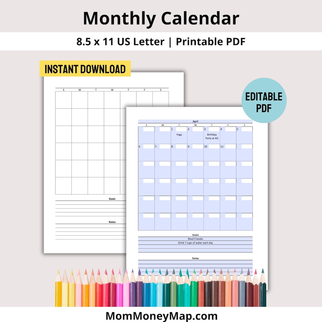 Monthly Calendar Printable PDF, Blank Monthly Calendar Pages, Undated ...