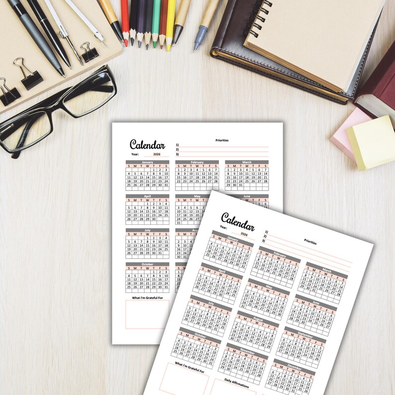 2026 Calendar Printable PDF in Color, Year at A Glance PDF, 2026 ...