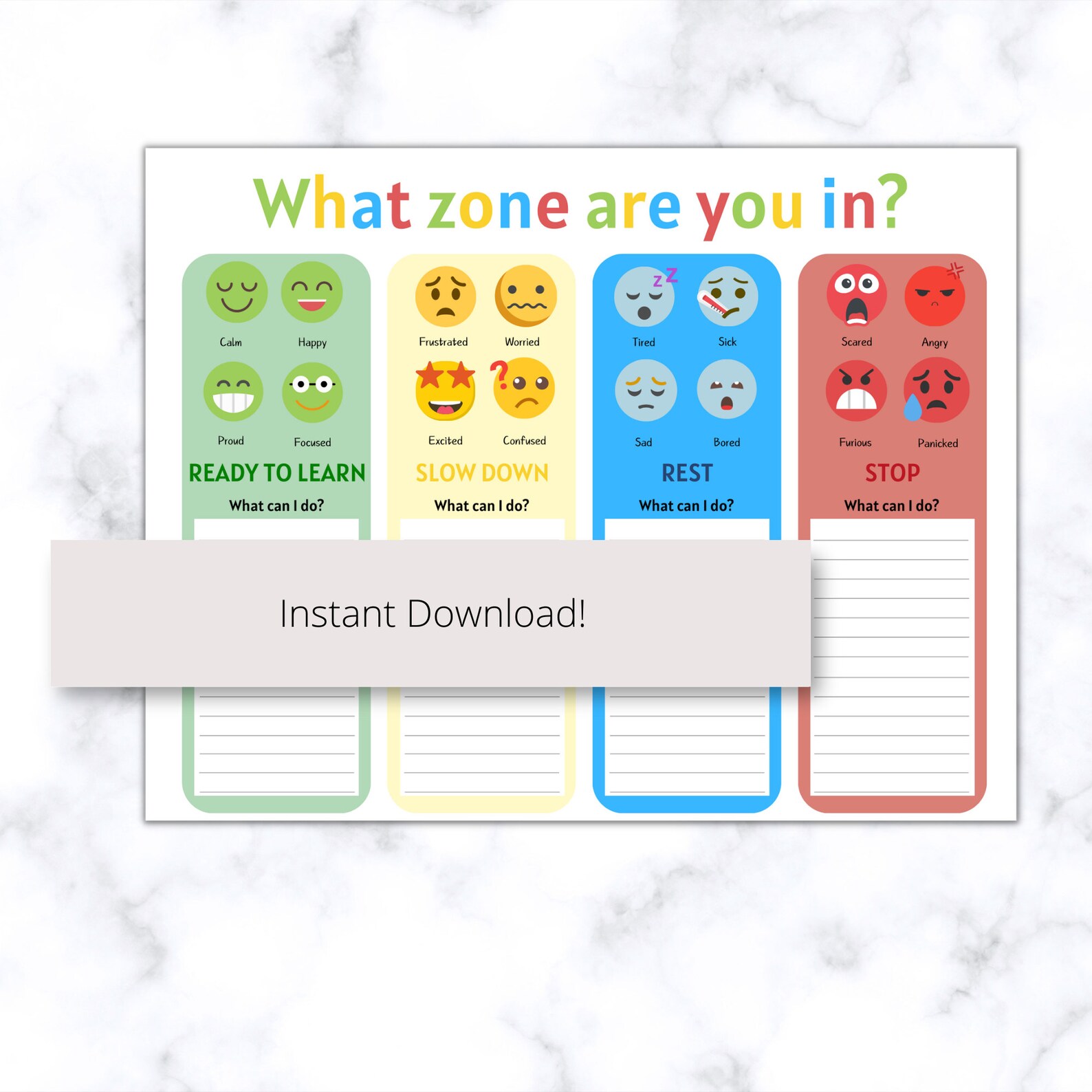 Zones Regulation Printable PDF, Feelings Chart Printable, Coping Skills ...