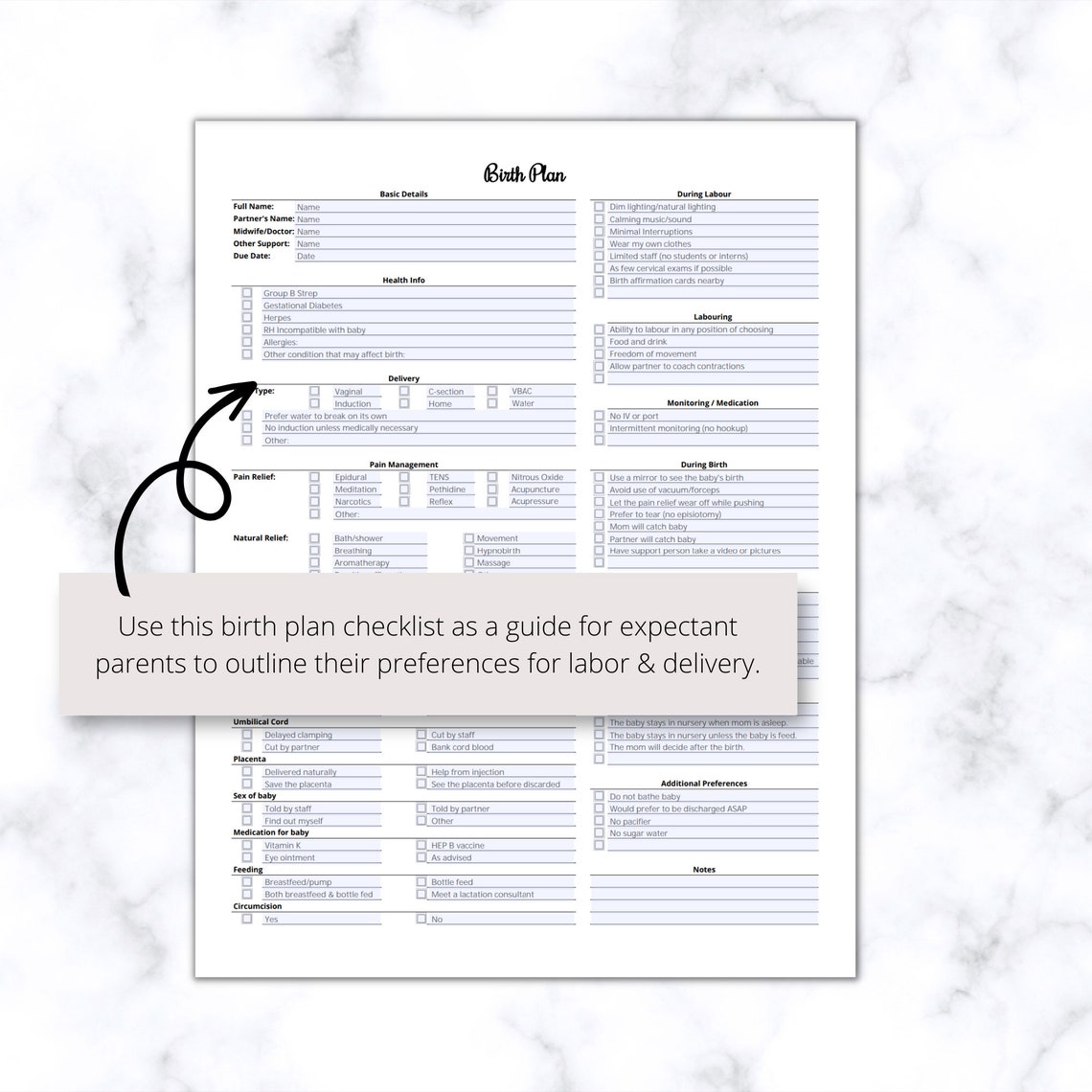 Birth Plan Checklist Printable PDF, Birthing Plan Checklist Template ...