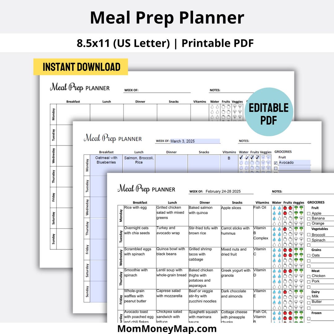 Meal Prep Planner Printable PDF, Weekly Meal Planner, Menu Planner ...