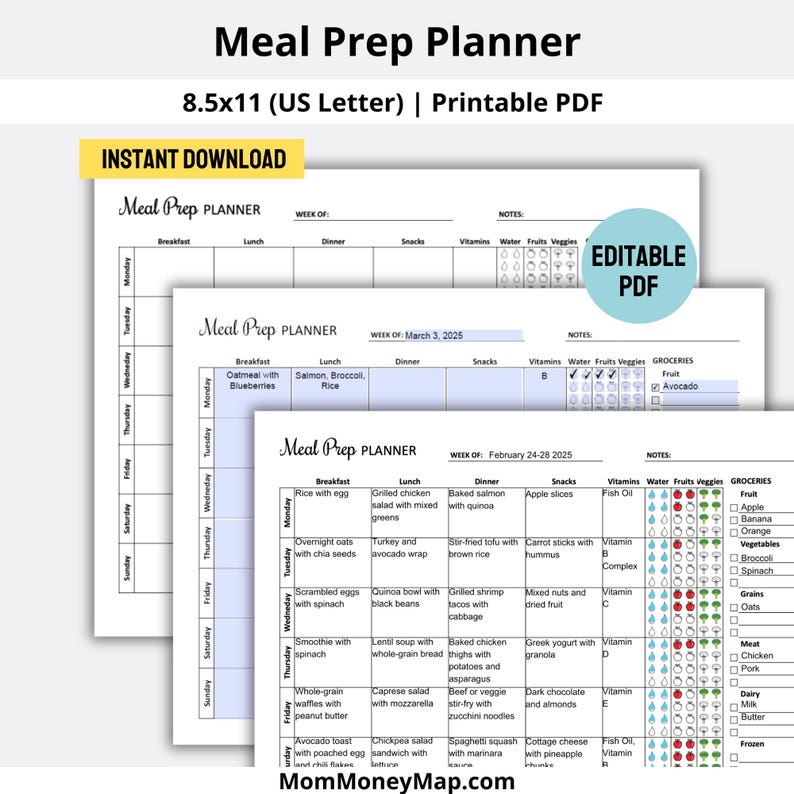 Meal Prep Planner Printable PDF, Weekly Meal Planner, Menu Planner ...