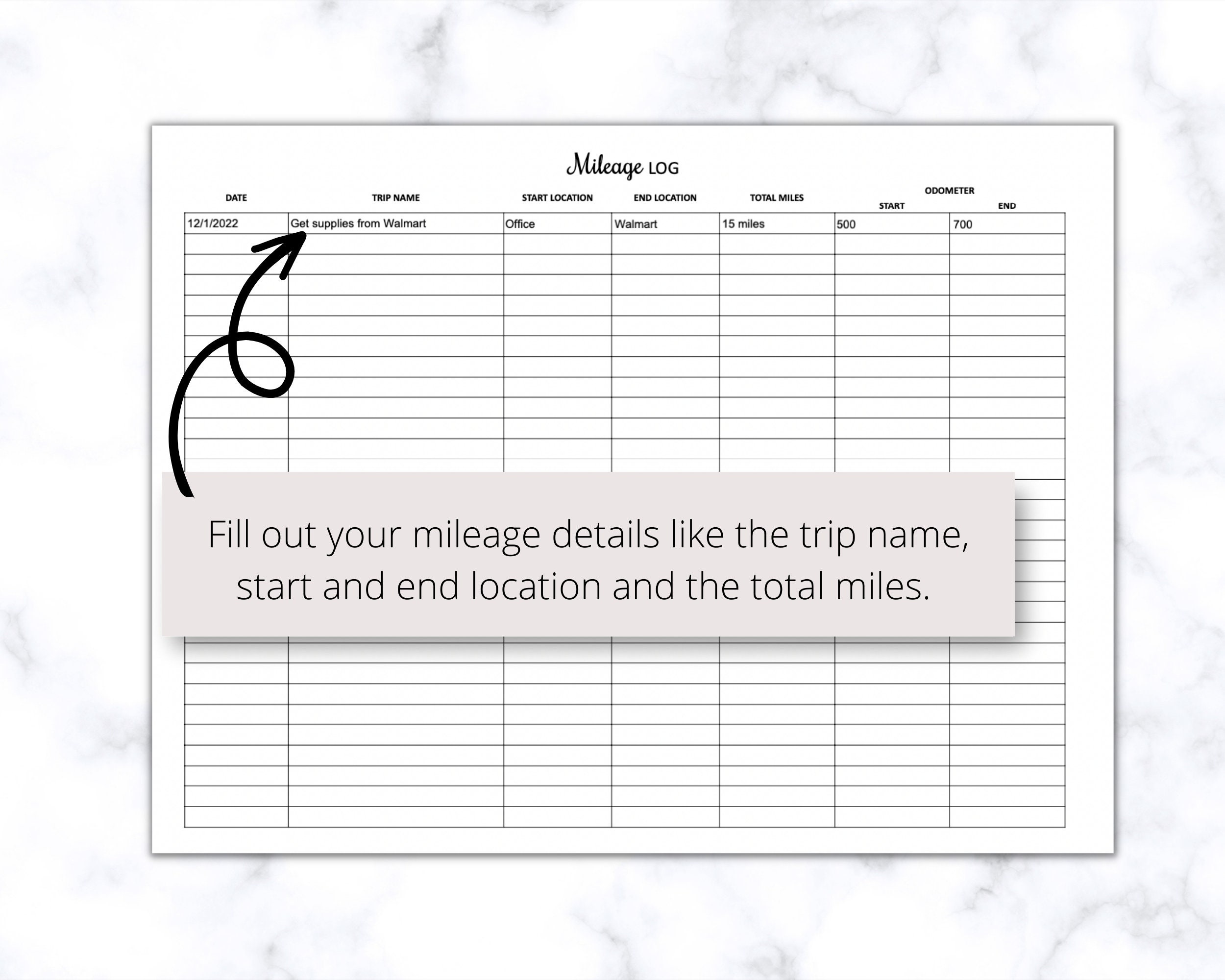 Mileage Log Printable PDF, Odometer Tracker, Trip Log, Simple Mileage ...