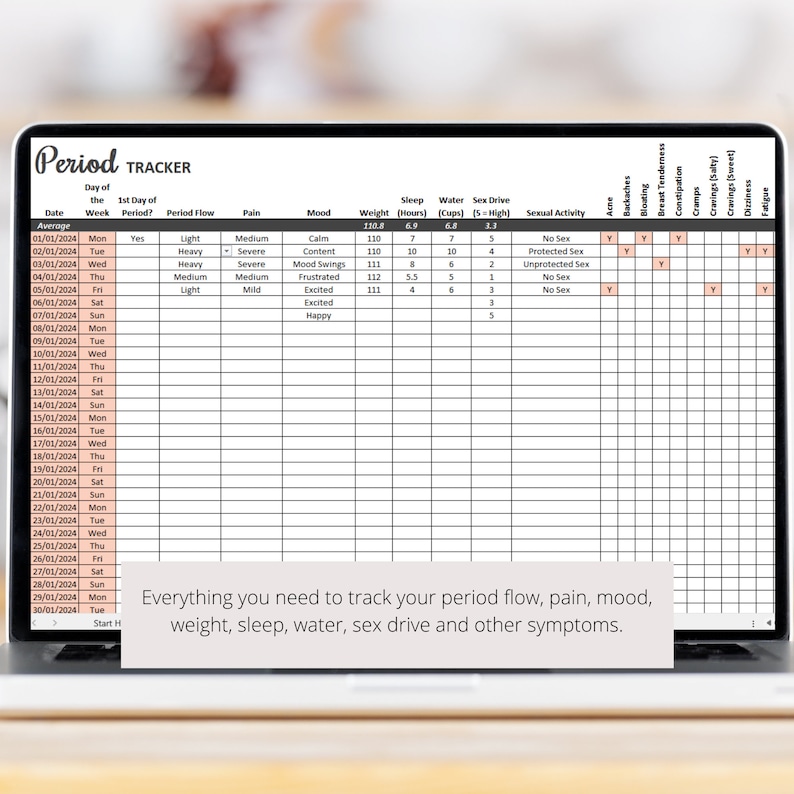 Period Tracker Excel Spreadsheet, Menstrual Cycle Tracker Template ...