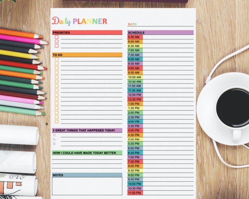 Multi-color Daily Planner Printable PDF, Daily Organizer, Productivity ...