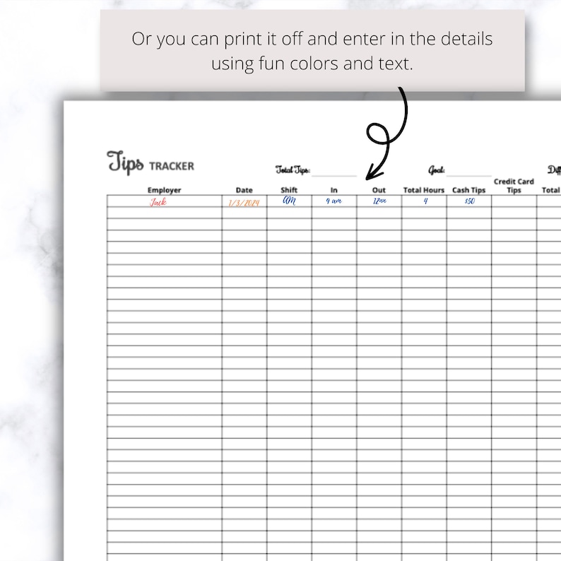 Tips Tracker Printable PDF, Track Daily Tips for Taxes, Server Tips ...