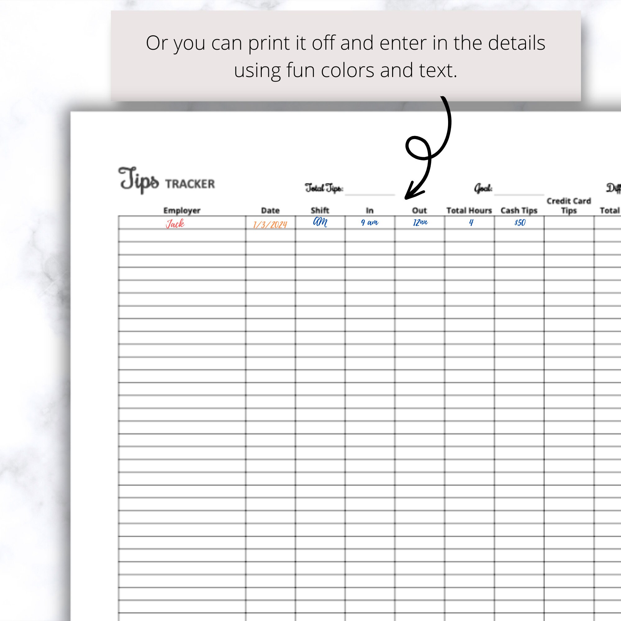 Tips Tracker Printable PDF, Track Daily Tips for Taxes, Server Tips ...