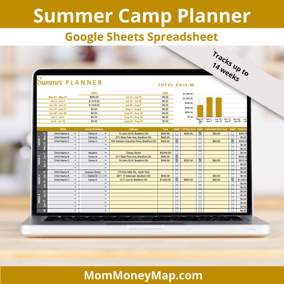 Summer Camp Planner Google Sheets Spreadsheet (14 Weeks), Summer Camp ...