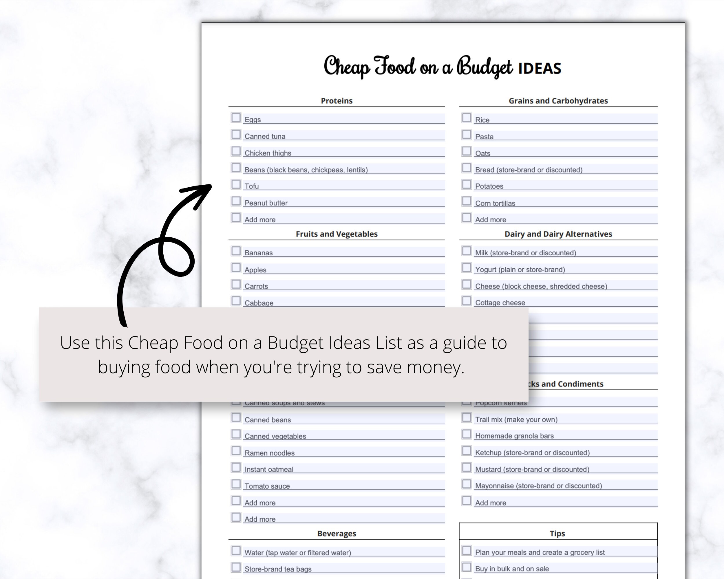 Cheap Foods on a Budget Printable PDF, Budget Friendly Food Guide ...