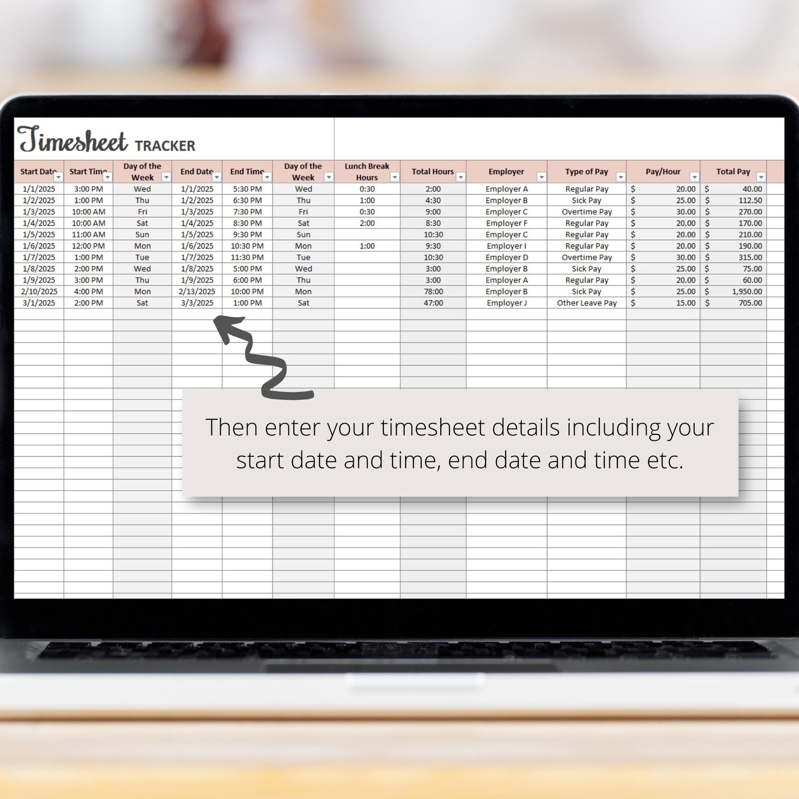 Simple Timesheet Tracker Excel Spreadsheet, Track Billable Hours Excel ...