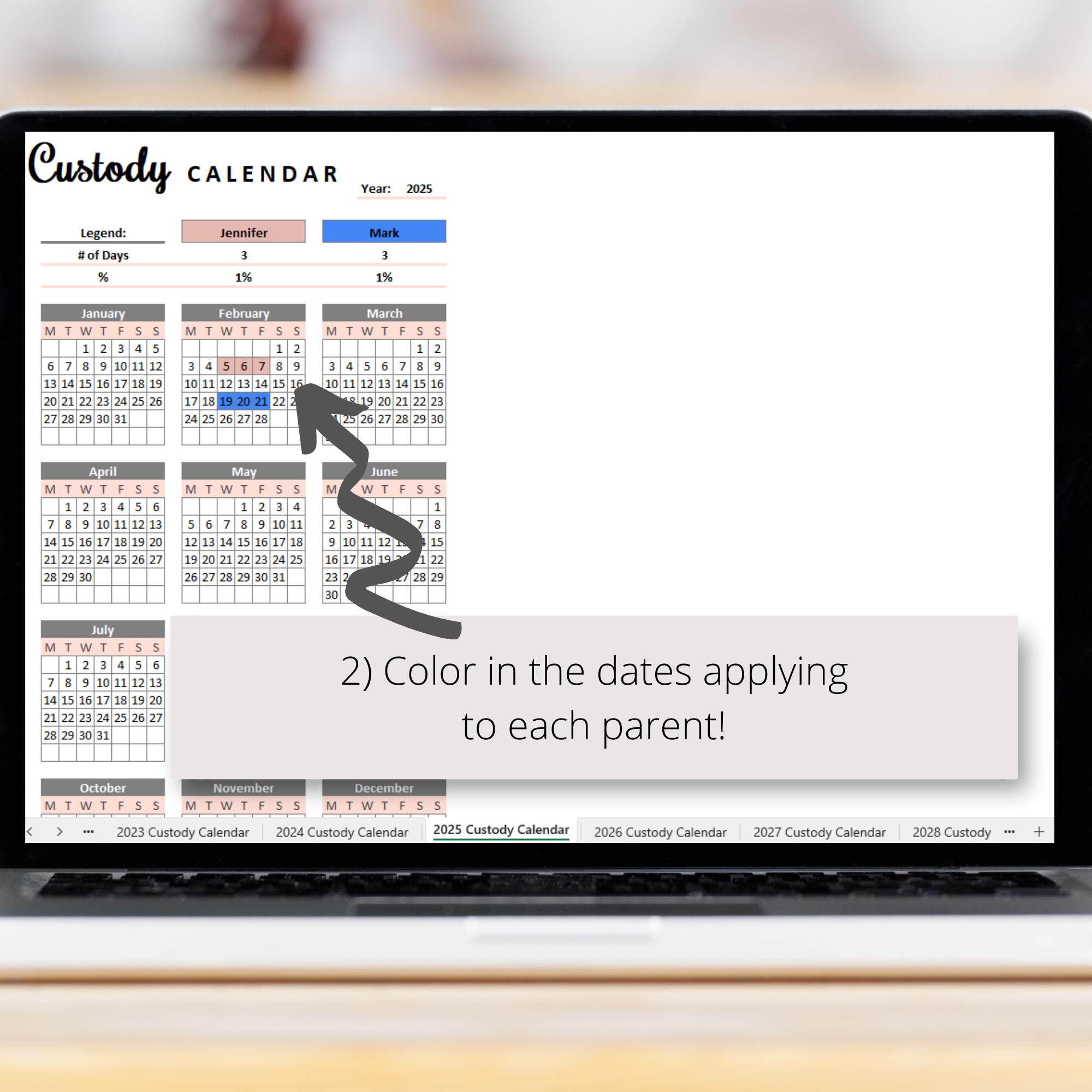 Co-parenting Calendar Excel Spreadsheet, Child Calendar, Custody ...