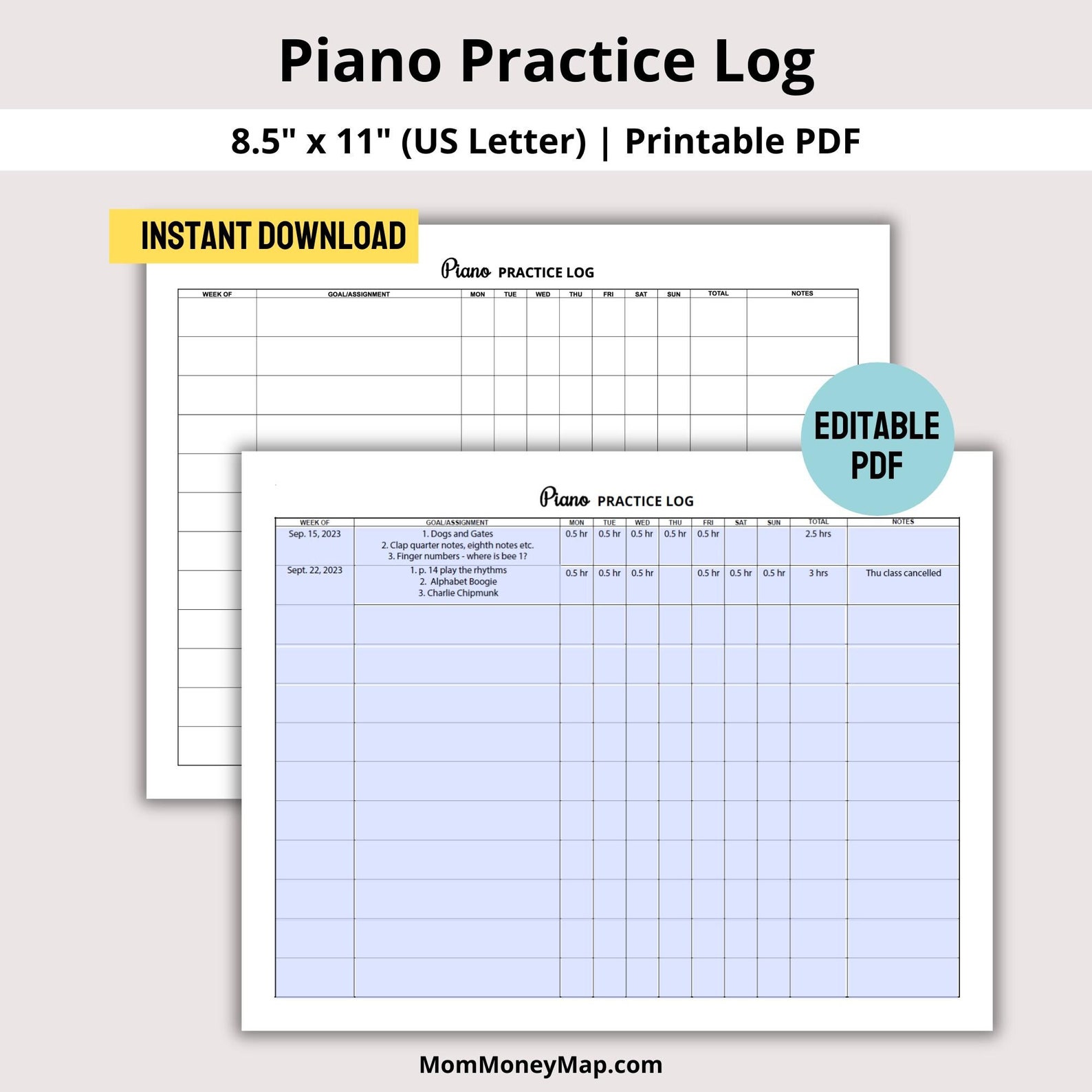 Piano Practice Log Printable PDF, Piano Lesson and Practice Tracker and ...
