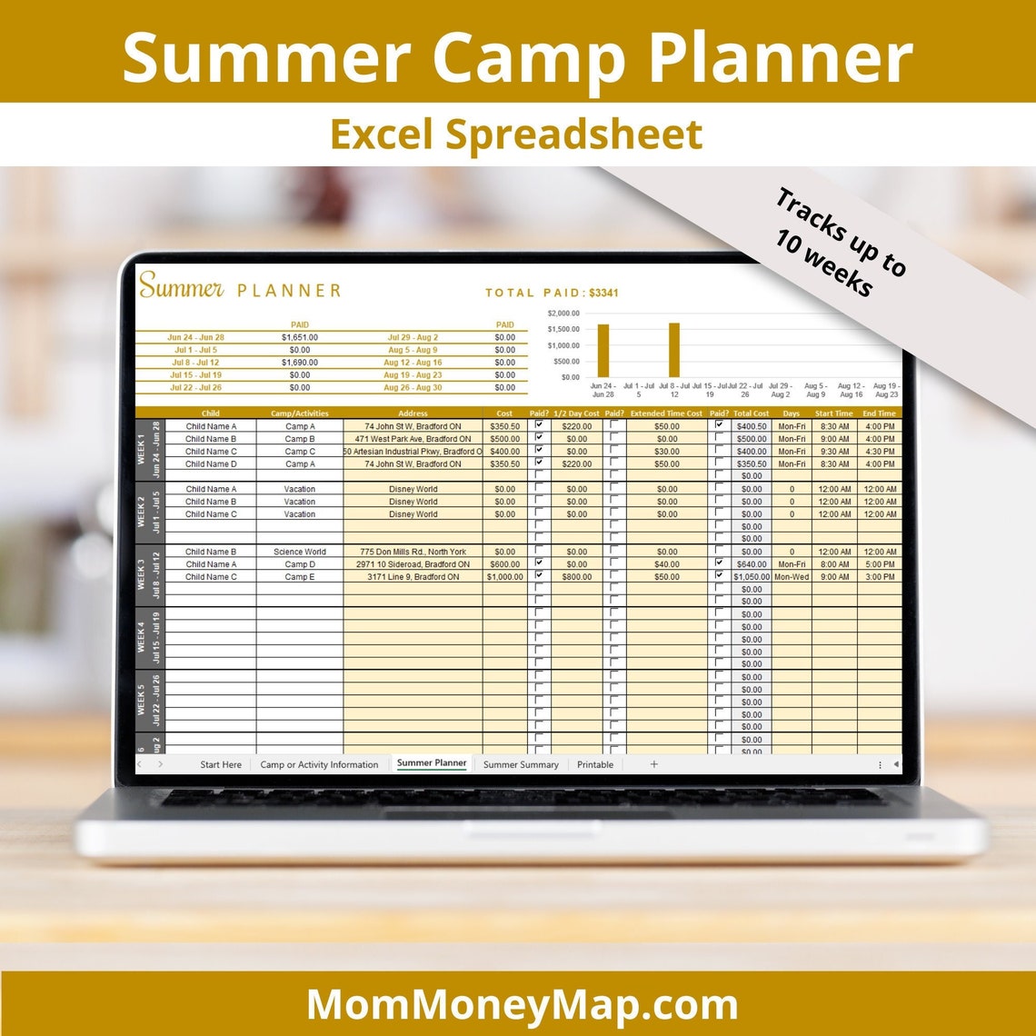 Summer Camp Planner Excel Spreadsheet, Summer Camp Organizer, Camp ...