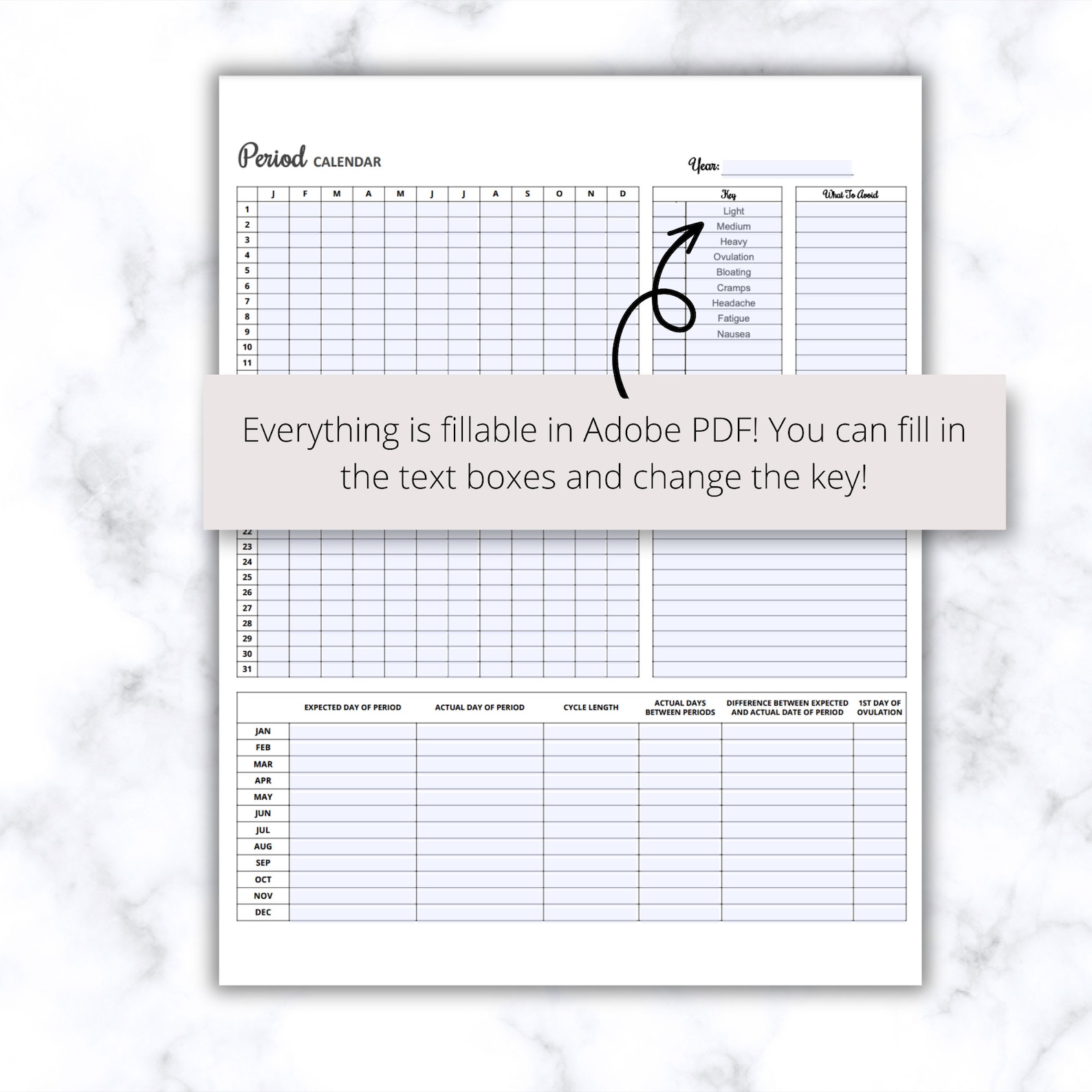 Period Calendar Printable PDF, Monthly Period Calendar PDF ...