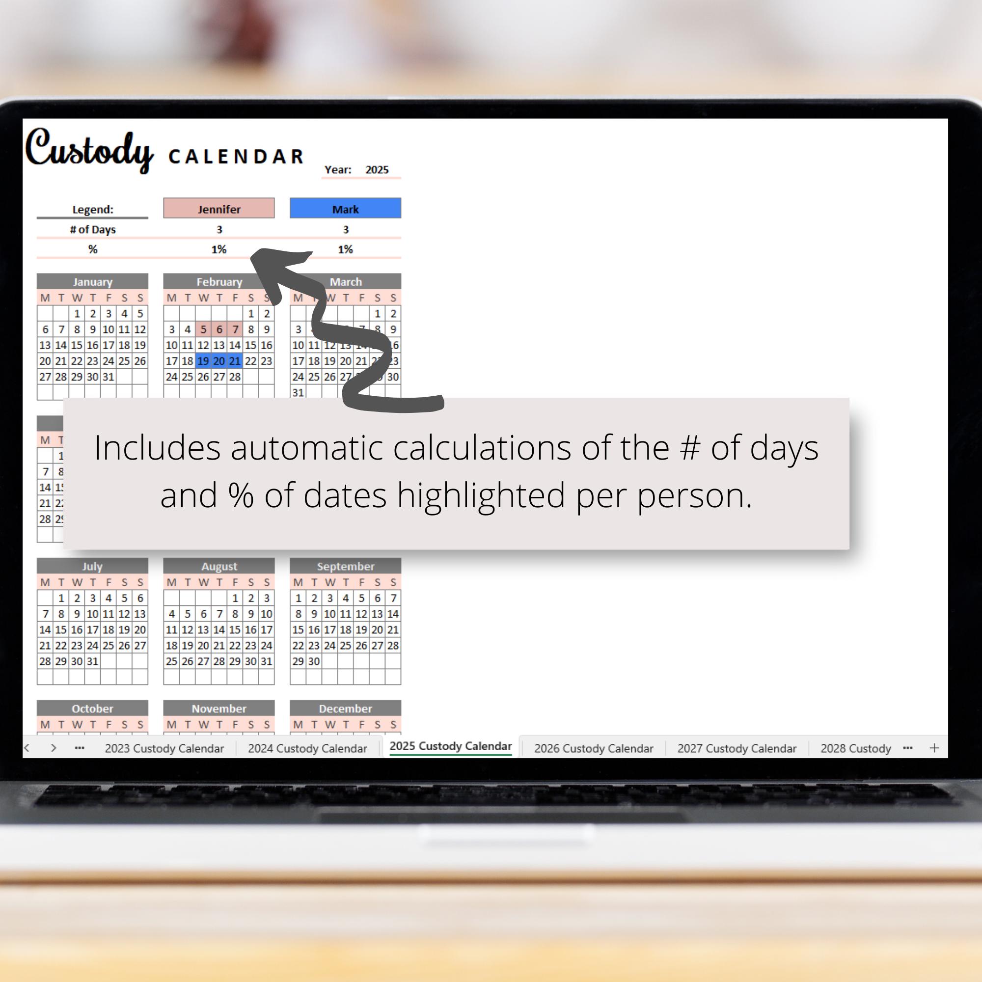 Co-parenting Calendar Excel Spreadsheet, Child Calendar, Custody ...