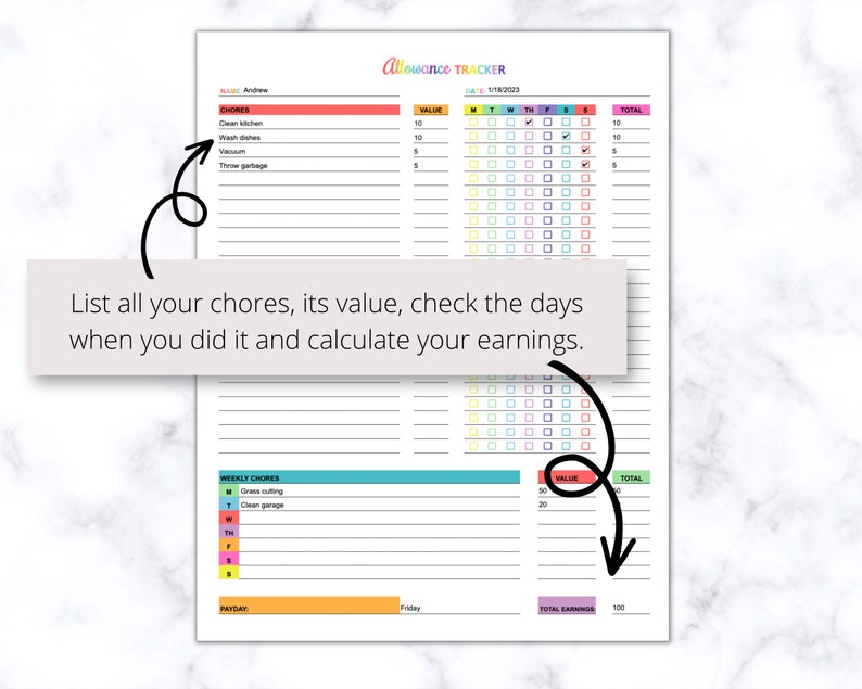Multi-color Weekly Allowance Tracker Printable PDF, Allowance Tracker ...
