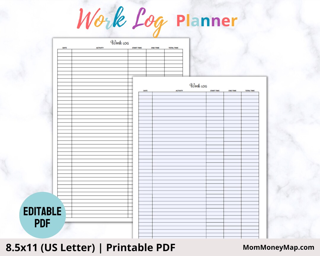 Work Log Printable PDF Portrait Task Time Tracker Time Log - Etsy