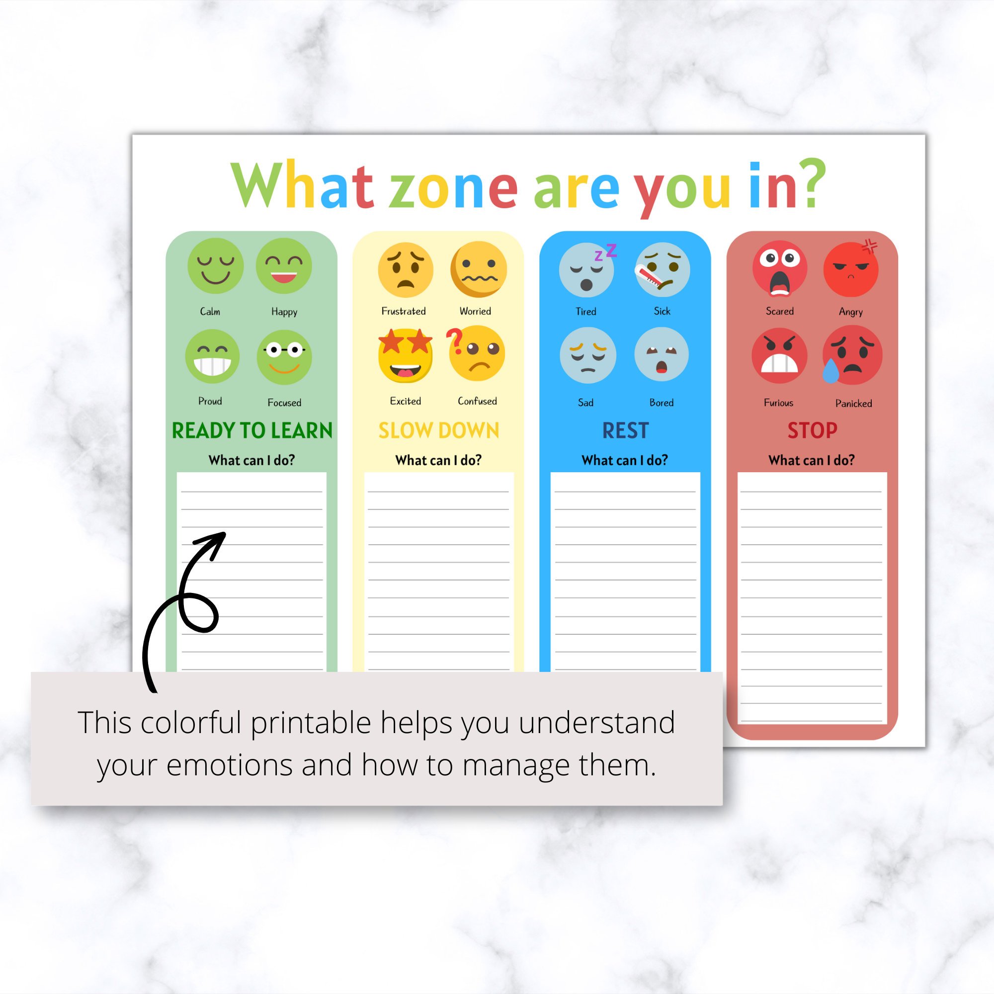 Zones Regulation Printable PDF, Feelings Chart Printable, Coping Skills ...