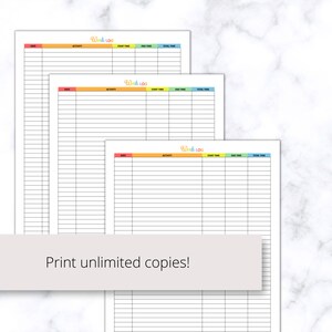 Multi-color Work Log Printable PDF Portrait, Task Time Tracker, Time ...