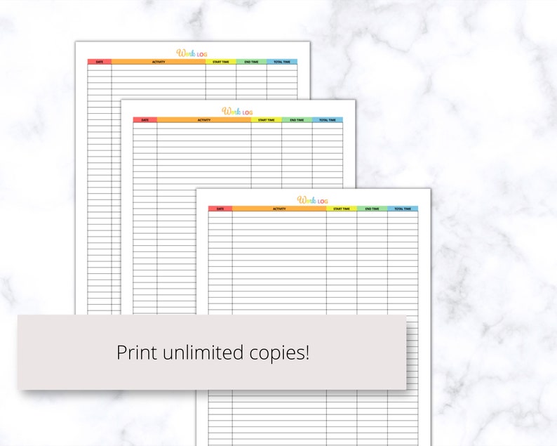 Multi-color Work Log Printable PDF Portrait, Task Time Tracker, Time ...