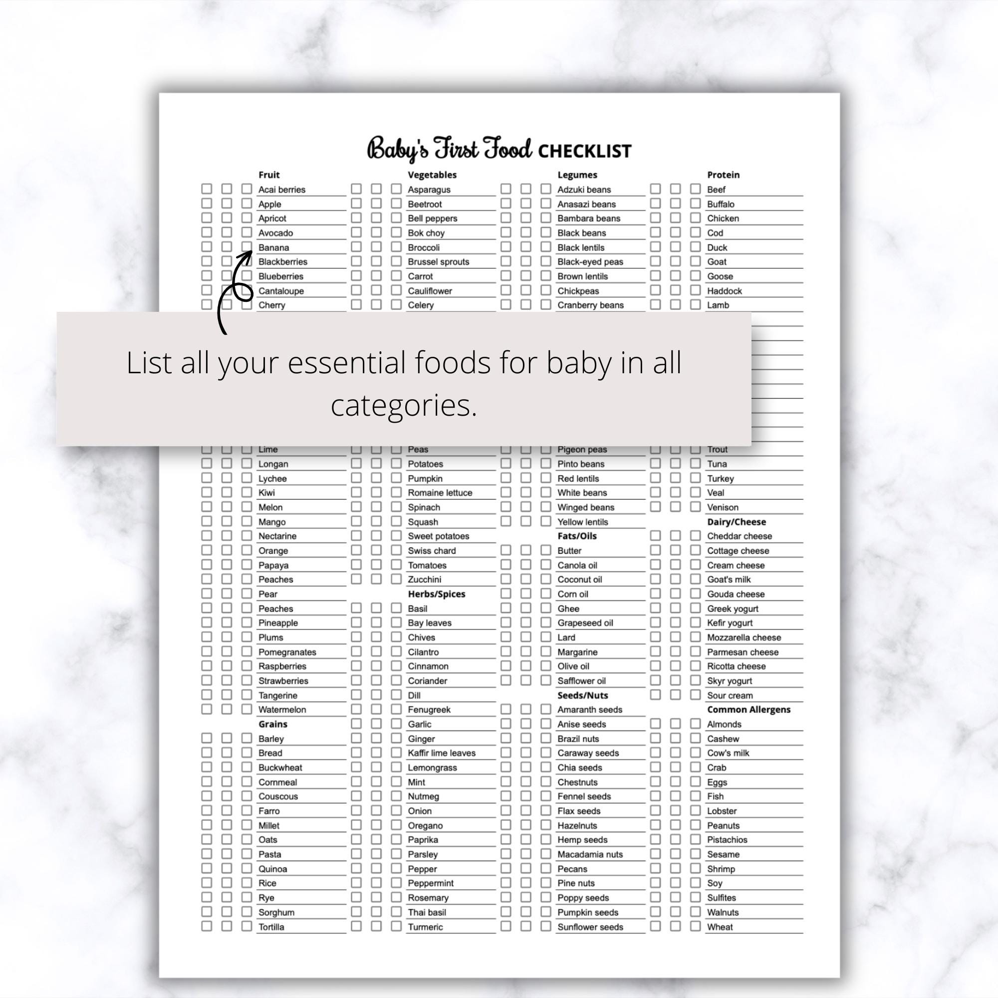 Baby's First Foods Checklist Printable PDF, Baby Food Tracker, Baby ...