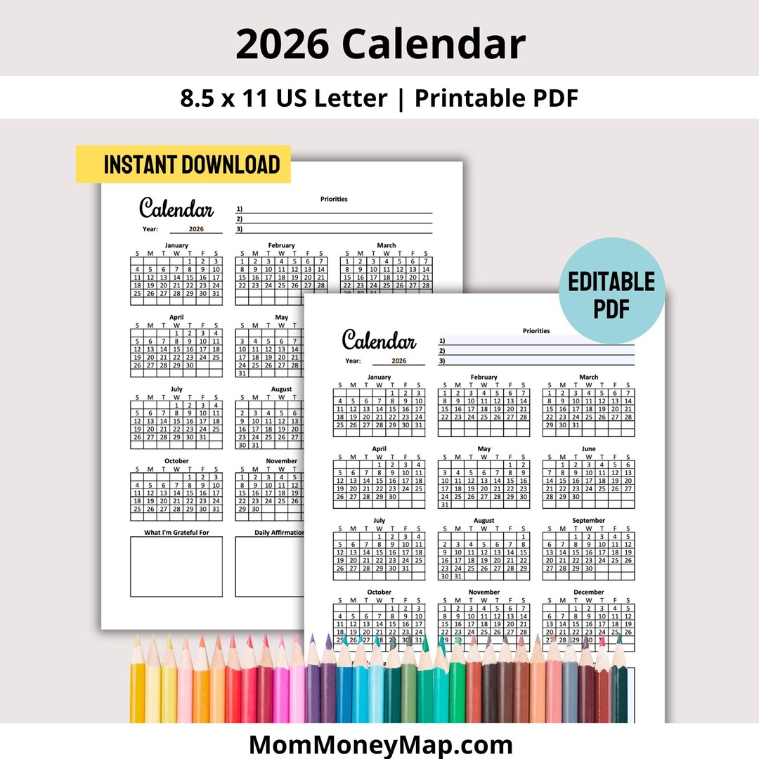 2026 Calendar Printable PDF, Year at A Glance PDF, 2026 Priorities and ...