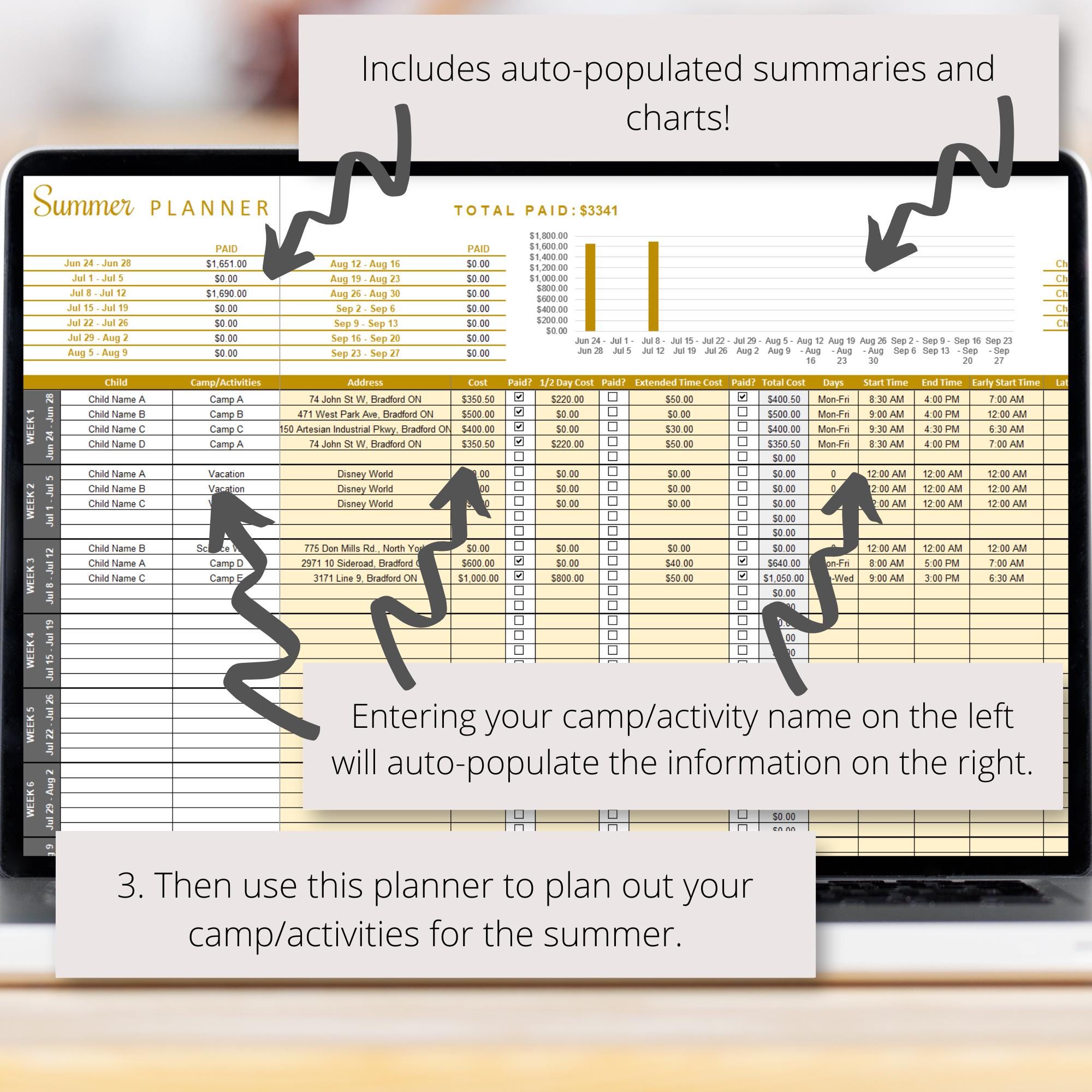 Summer Camp Planner Excel Spreadsheet, Summer Camp Organizer, Camp ...