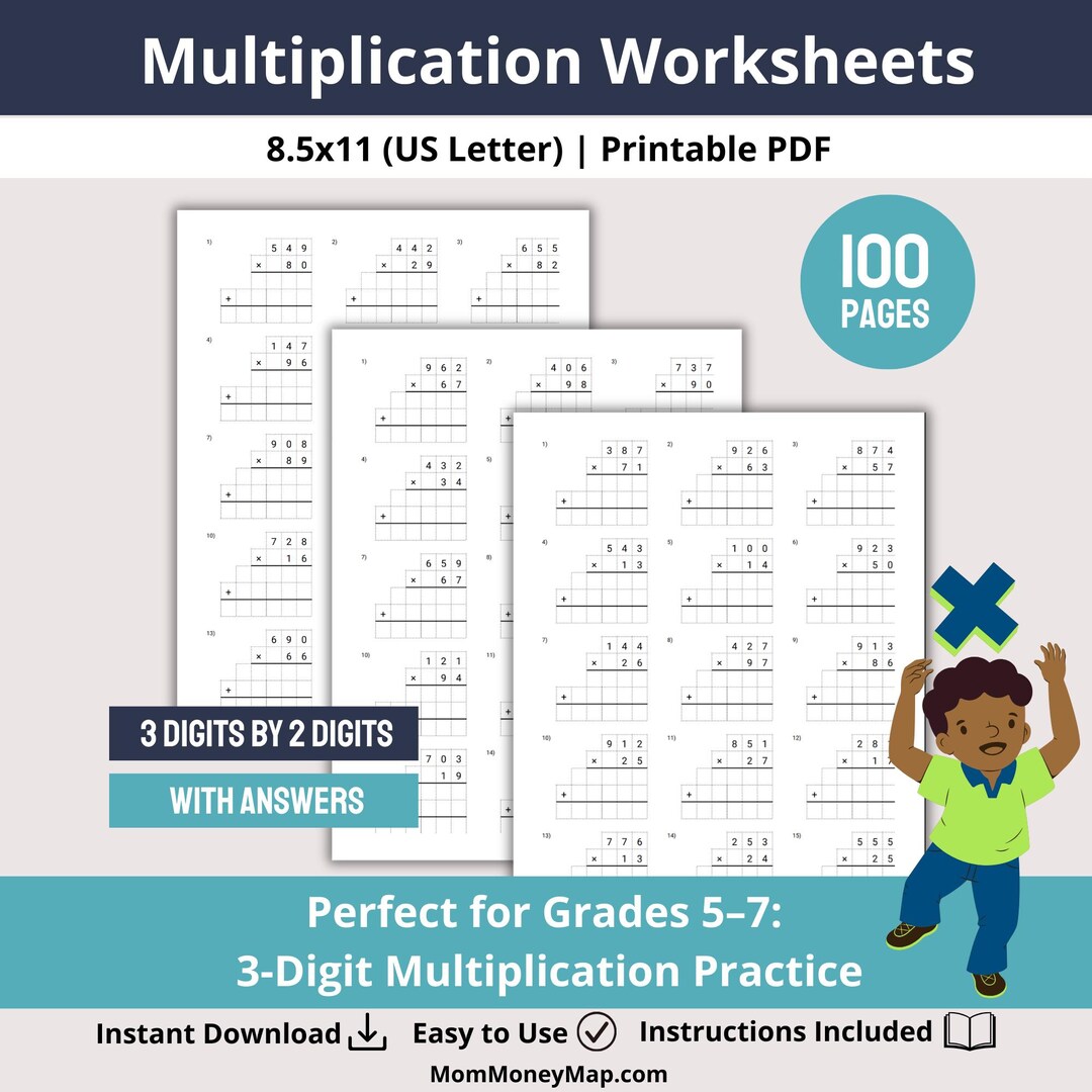 Multiplication Worksheets Printable PDF 3 Digit by 2 Digit ...
