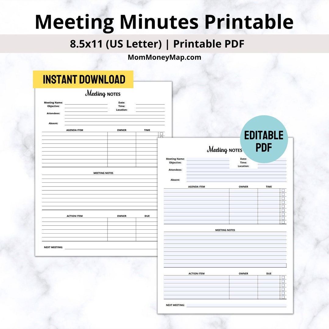 Meeting Minutes Printable PDF, Editable Agenda and Minutes, Meeting ...