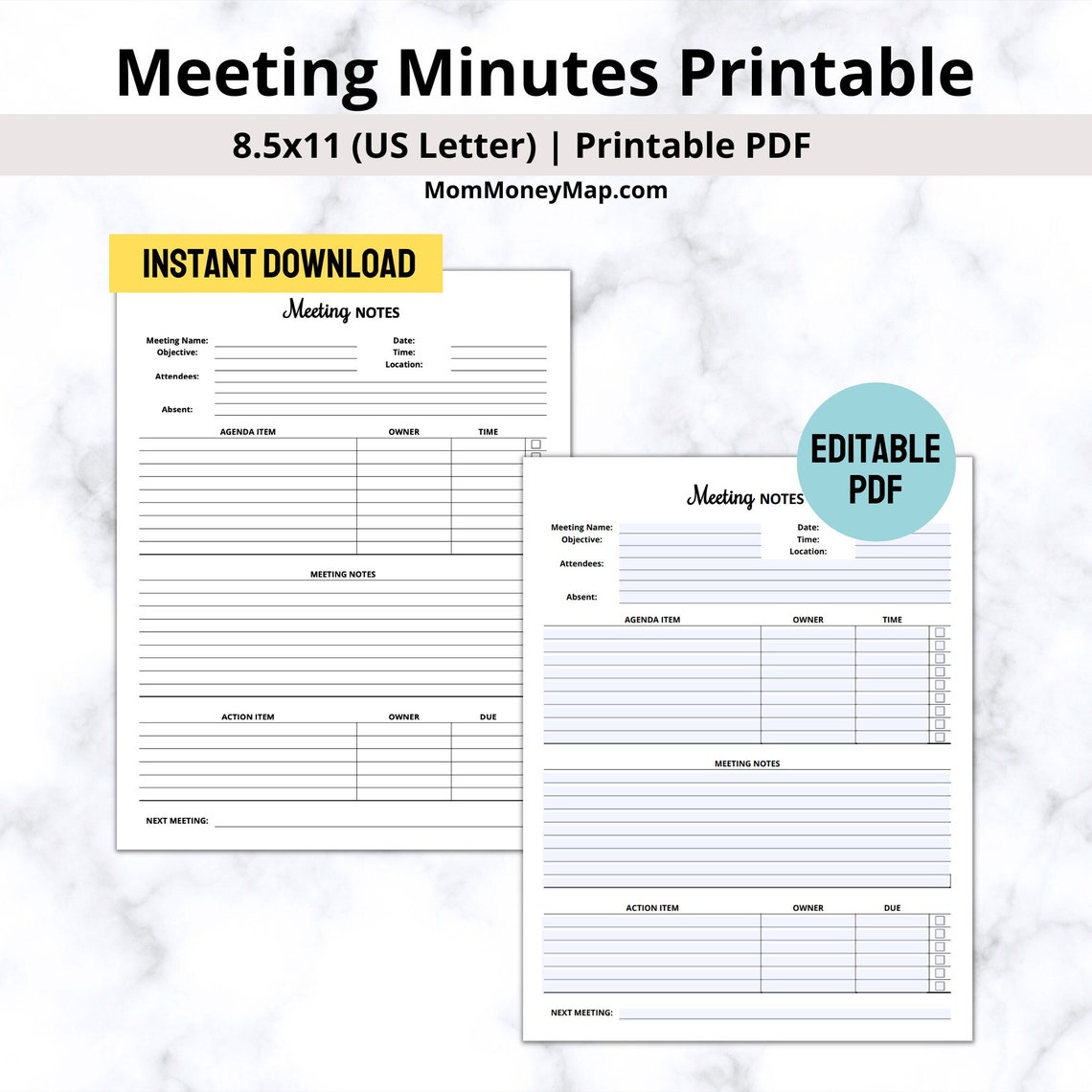 Meeting Minutes Printable PDF, Editable Agenda and Minutes, Meeting ...