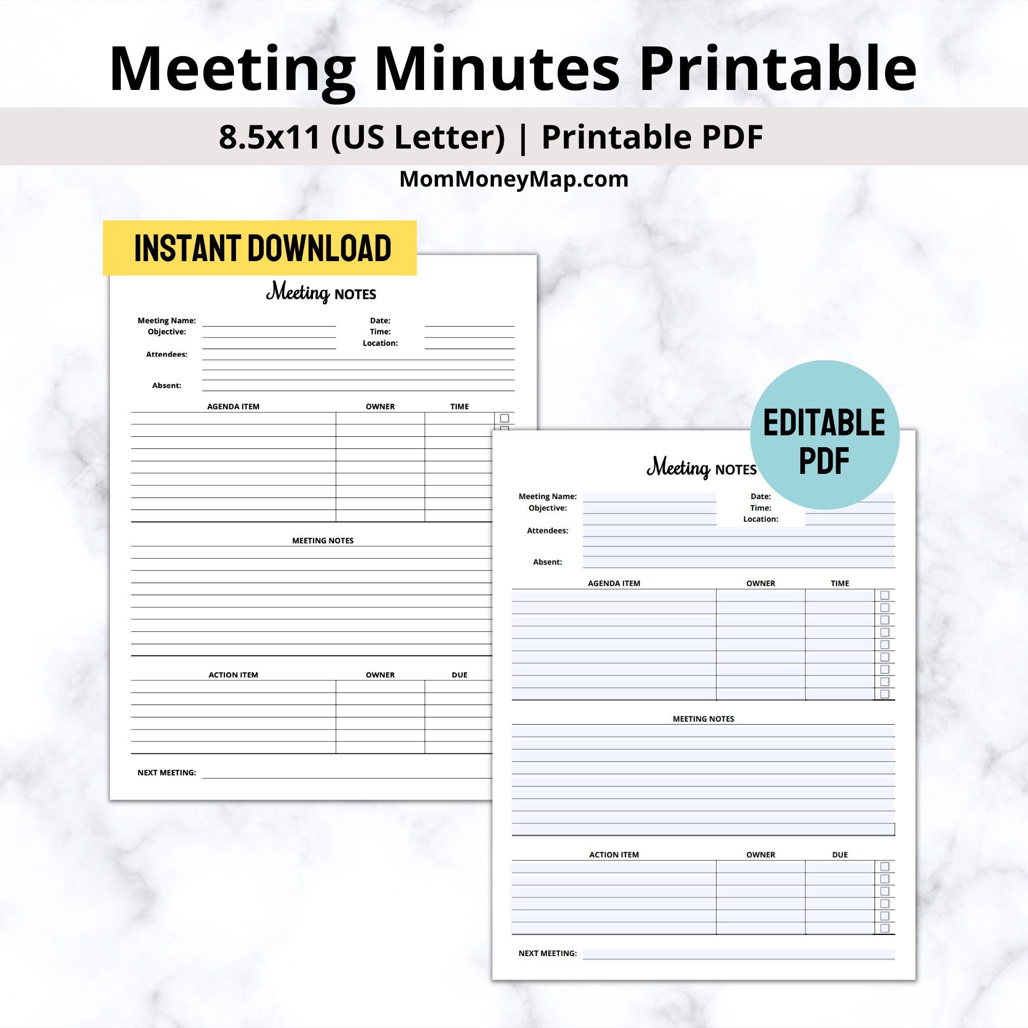 Meeting Minutes Printable PDF, Editable Agenda and Minutes, Meeting ...