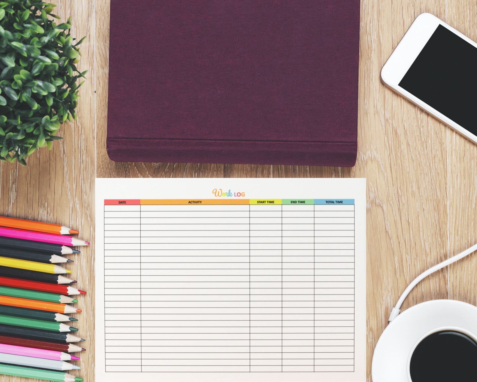 Multi-color Work Log Printable PDF Landscape, Task Time Tracker, Time ...