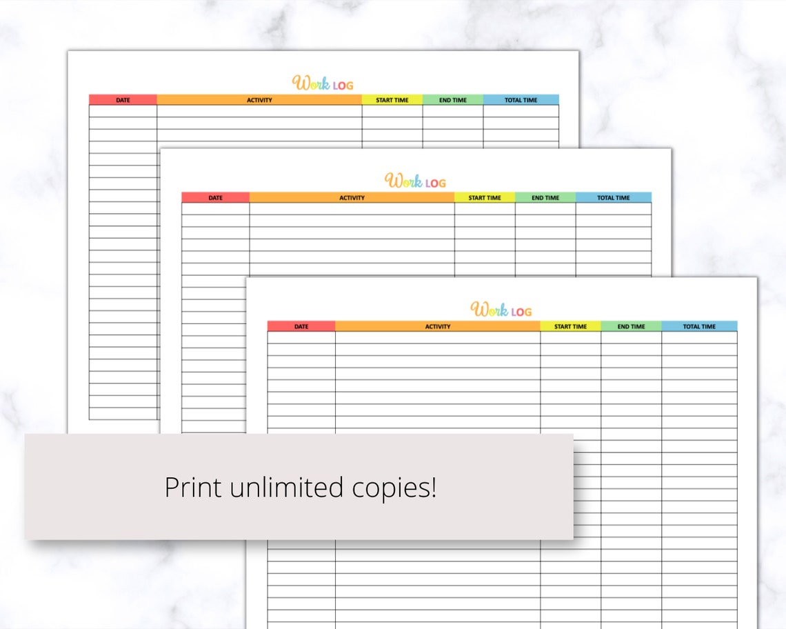 Multi-color Work Log Printable PDF Landscape, Task Time Tracker, Time ...