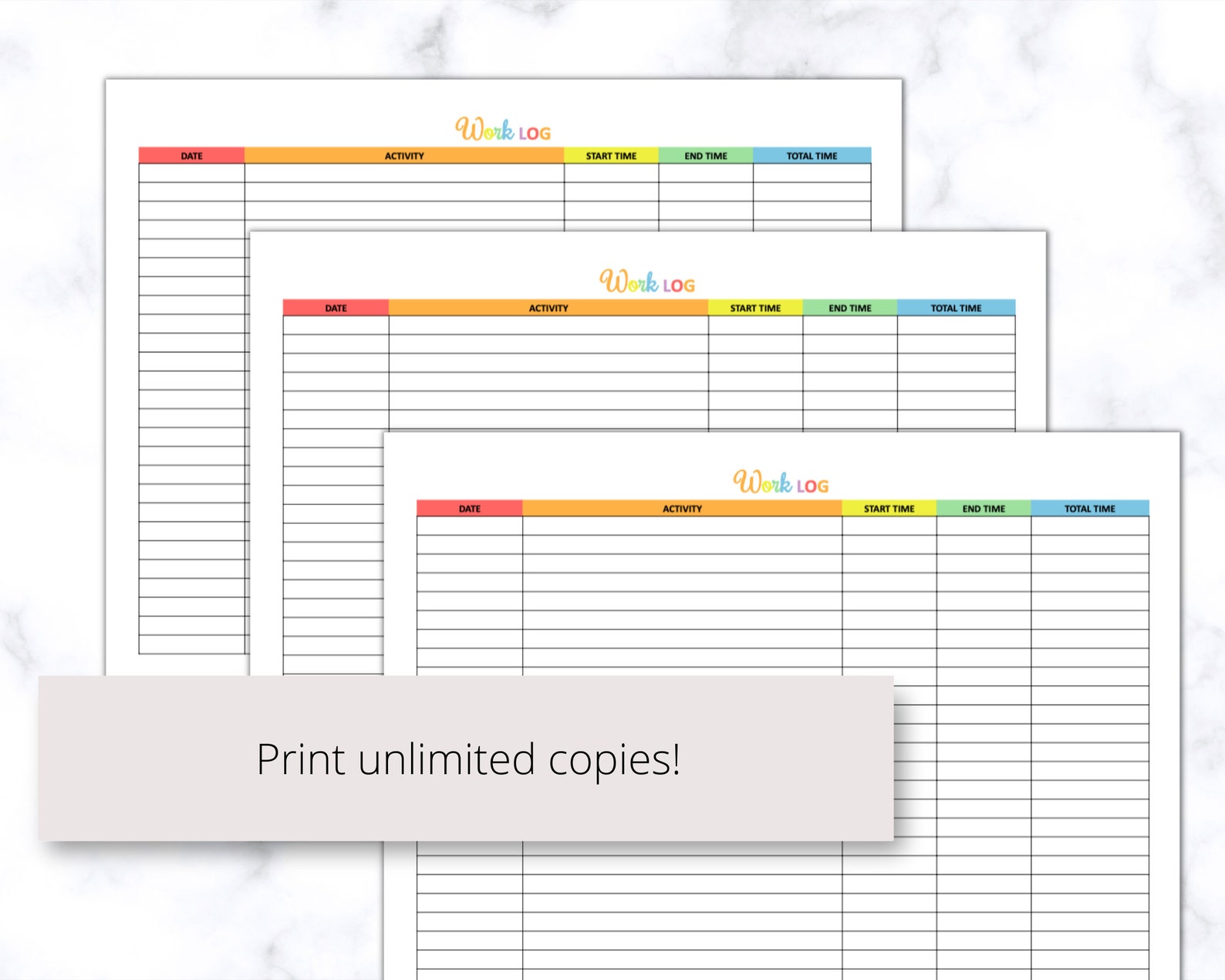 Multi-color Work Log Printable PDF Landscape, Task Time Tracker, Time ...