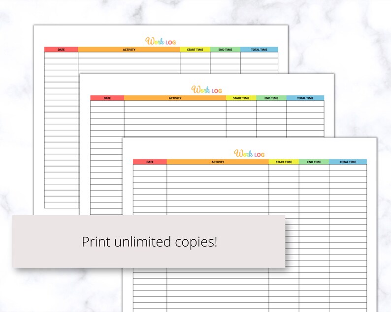 Multi-color Work Log Printable PDF Landscape, Task Time Tracker, Time ...