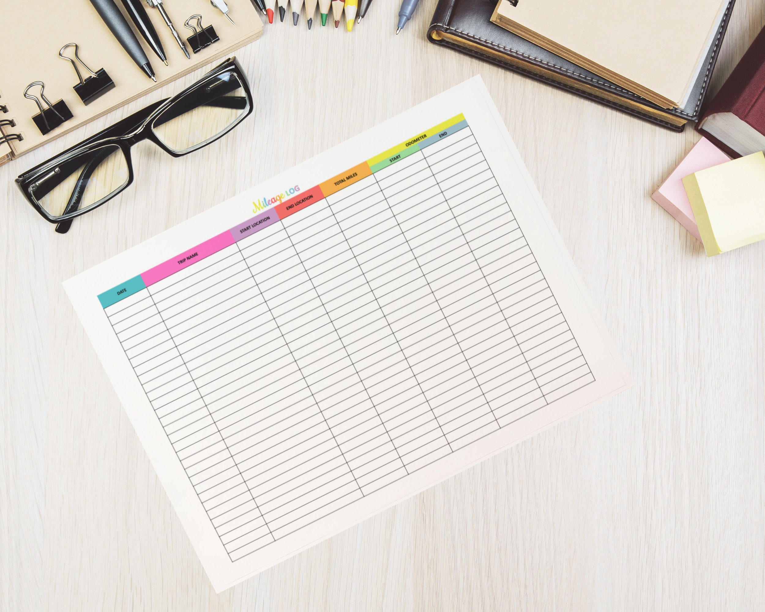 Multi-color Mileage Log Printable PDF, Odometer Tracker, Trip Log ...