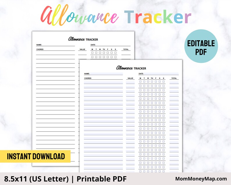Daily Allowance Tracker Printable PDF Allowance Tracker for - Etsy